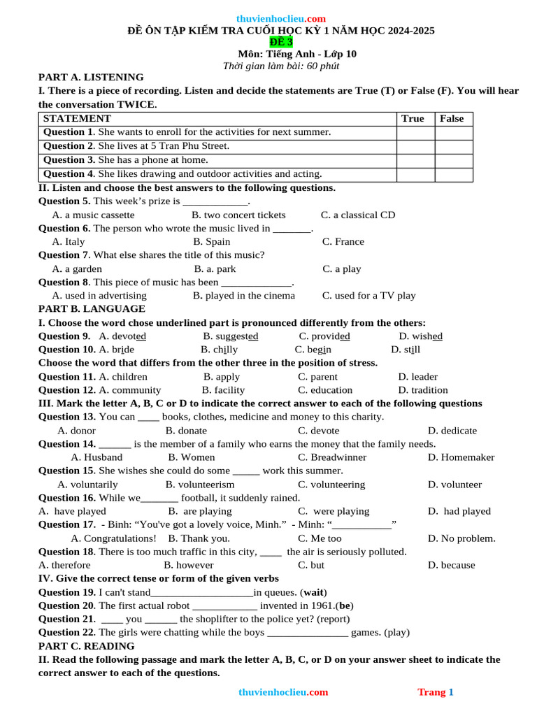 De On Tap Cuoi HK1 Tieng Anh 10 Global 24 25 de 3 | PDF