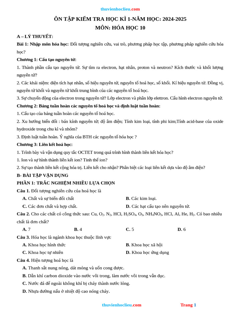 De Cuong On Tap HK1 Hoa 10 CTST 24 25 | PDF