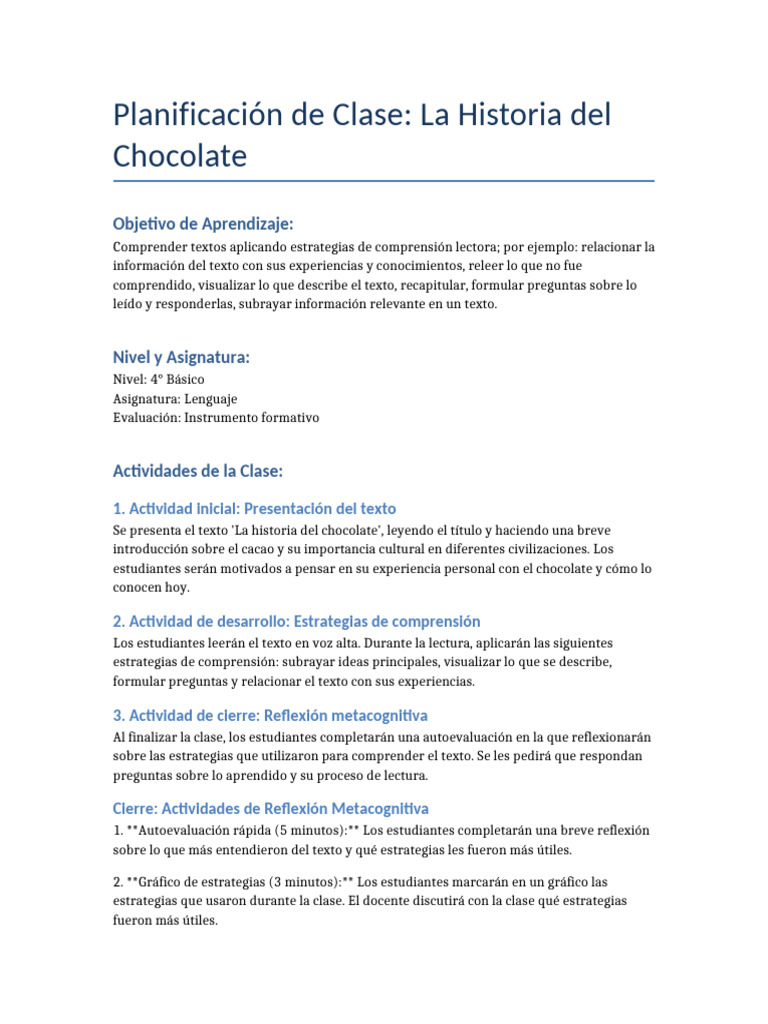 Clase de Comprensión: Historia del Chocolate | PDF | Comprensión ...