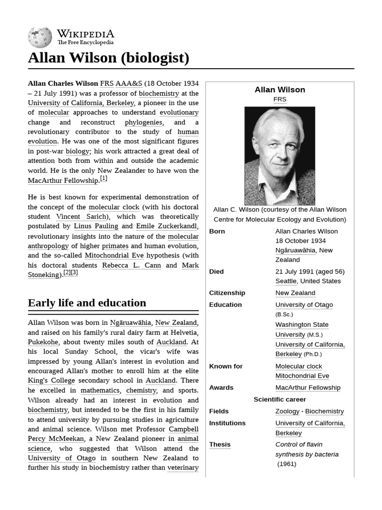 Allan Wilson (Biologist) | PDF | Biology | Life Sciences