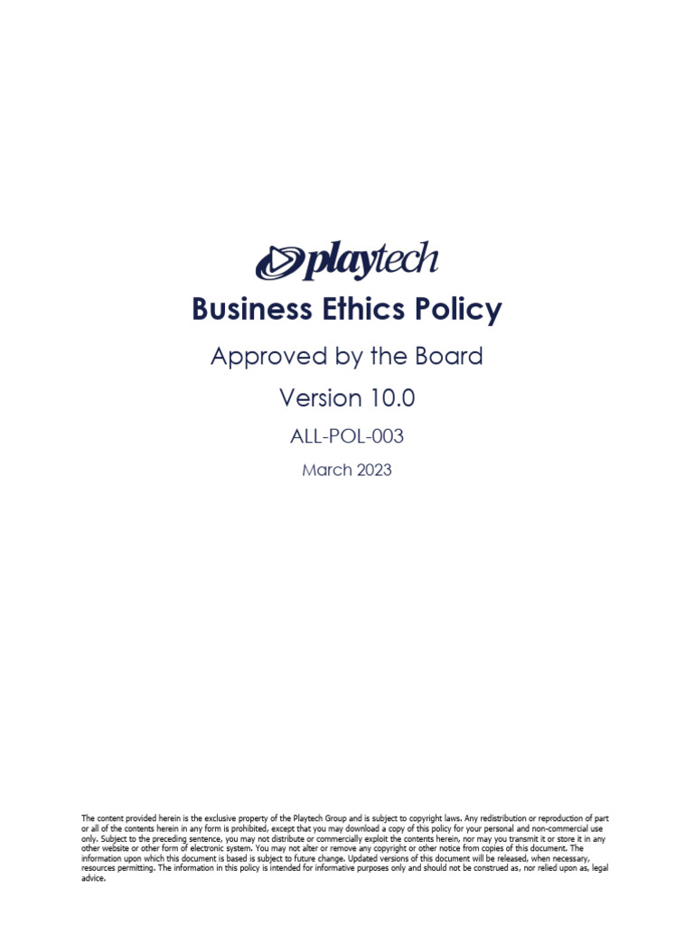 ALL-POL-003 - Business Ethics Policy | PDF | Occupational Safety And Health | Bribery