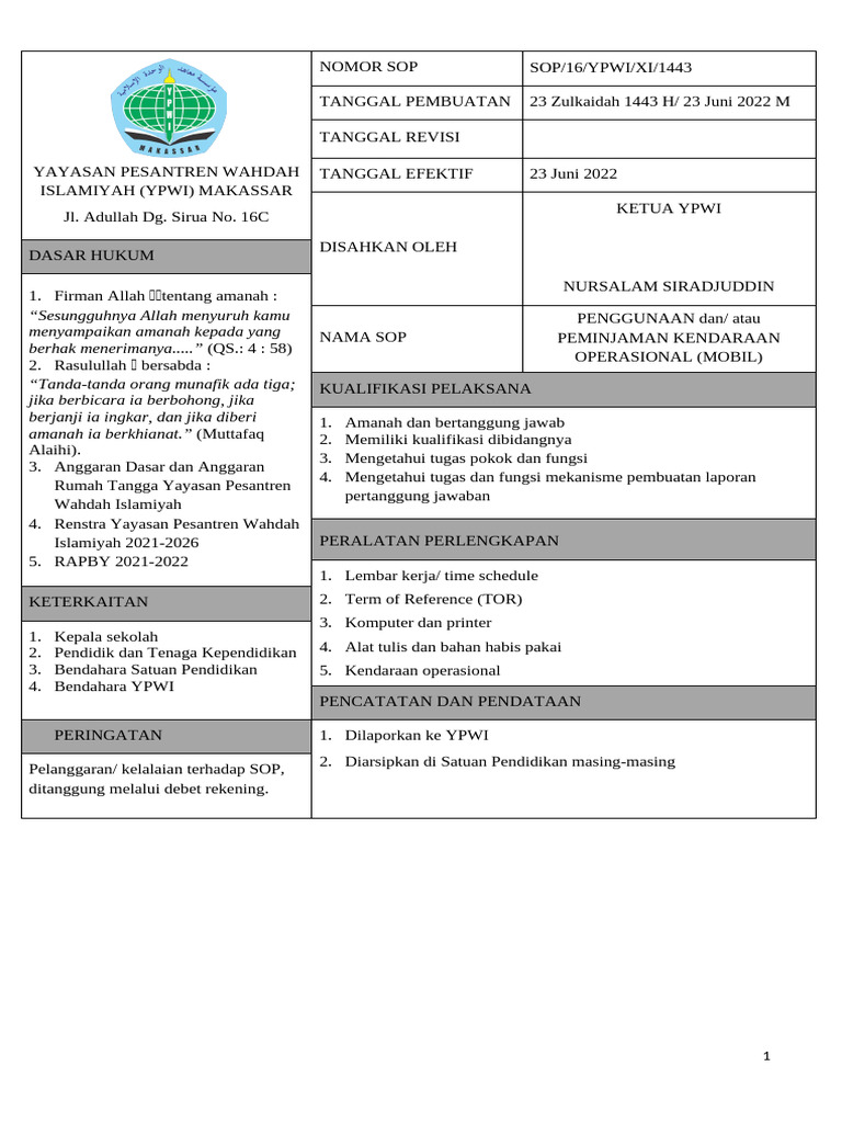 16.sop Penggunaan Dan Peminjaman Mobil | PDF