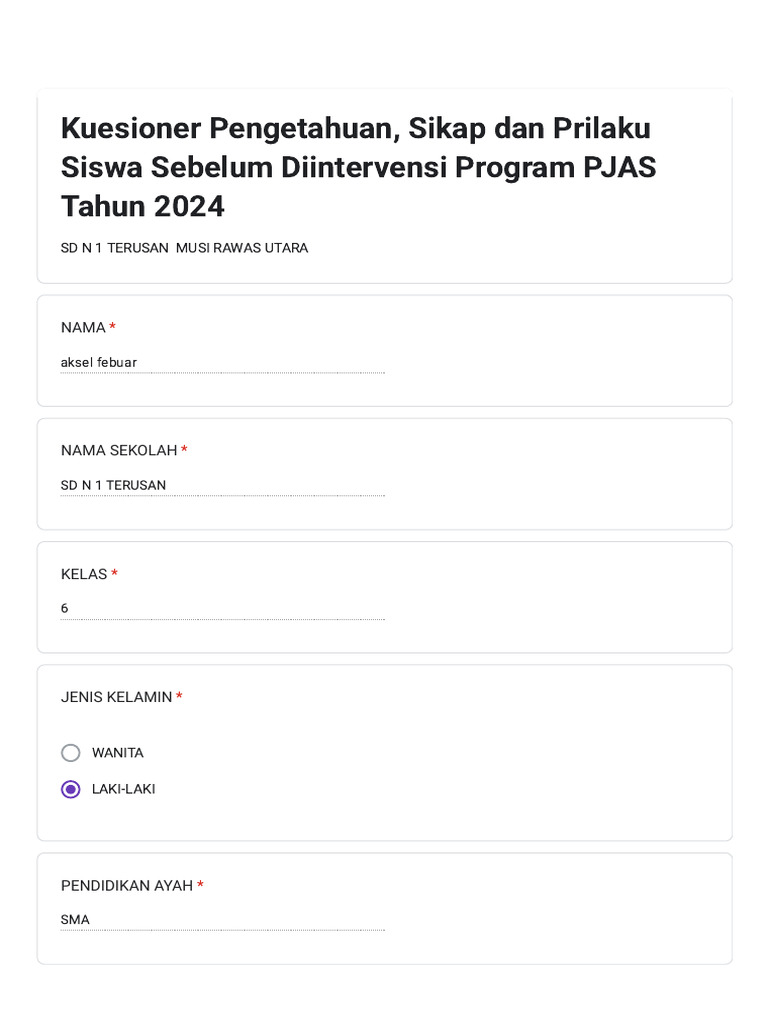 Kuesioner Pengetahuan, Sikap dan Prilaku Siswa Sebelum Diintervensi Program PJAS Tahun 2024 | PDF