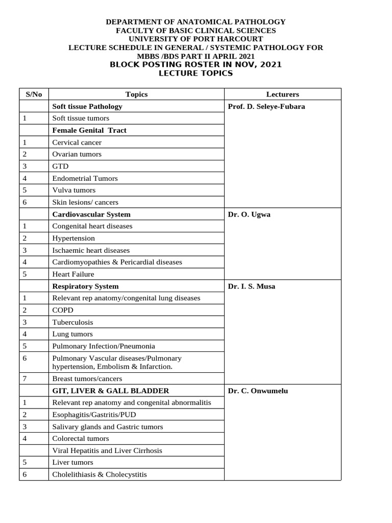 Pathology Lecture Schedule April 2021 | PDF | Pathology | Neoplasms