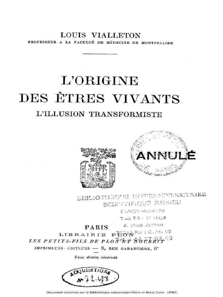 L'ORINE DES ETRES VIVSION TRSTE, PAR L. VIALLETON 1929 | PDF