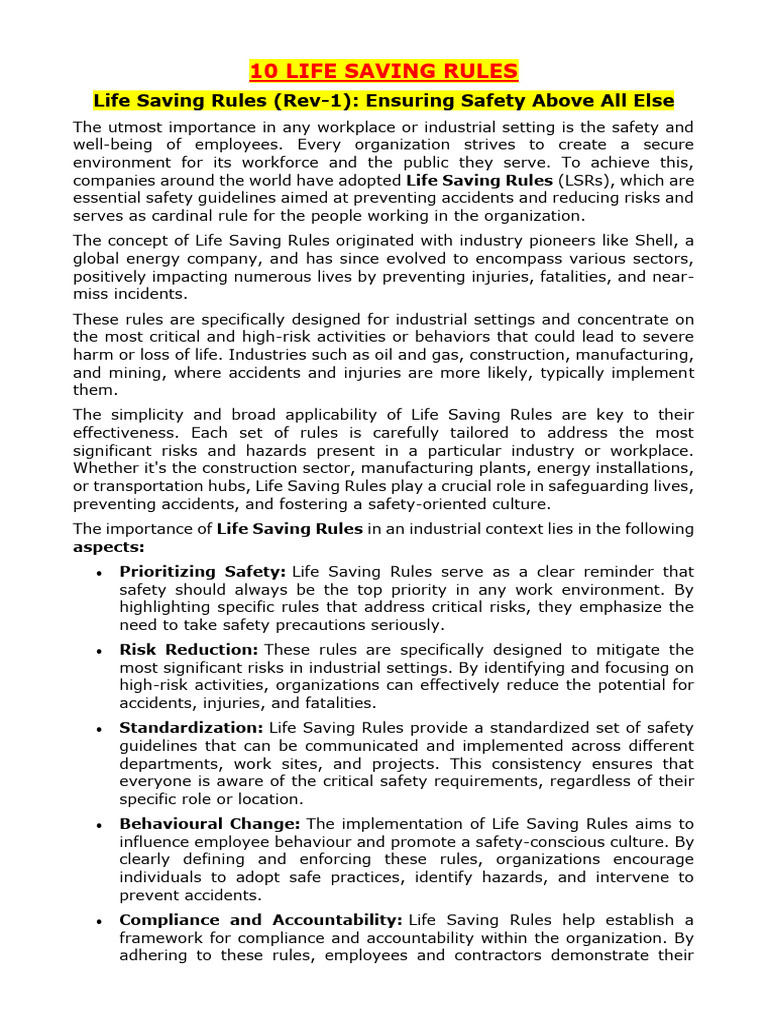10 Life Saving Rules | PDF | Occupational Safety And Health | Driving