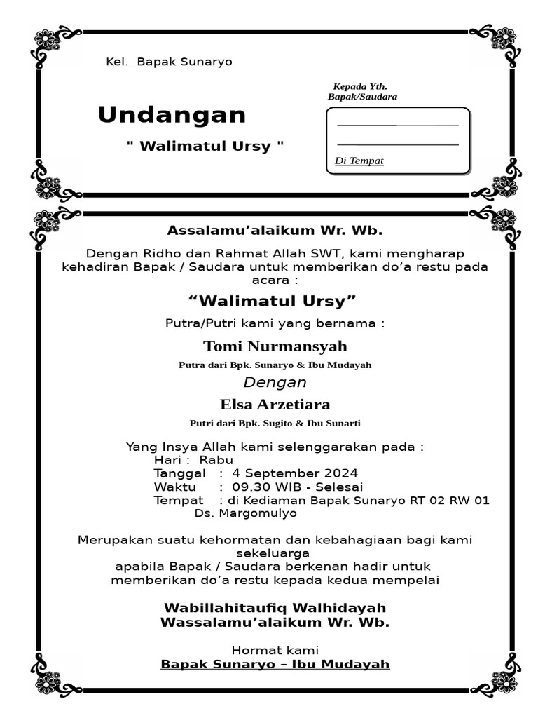 Undangan Walimatul Ursy Tomi dan Elsa | PDF