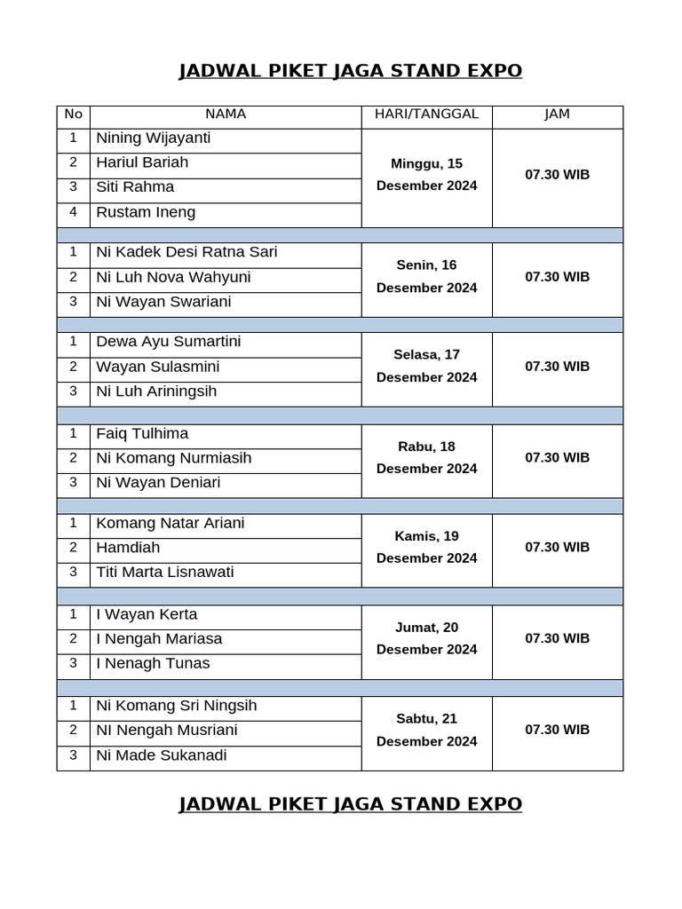 JADWAL PIKET JAGA STAND EXPO TERBARU | PDF