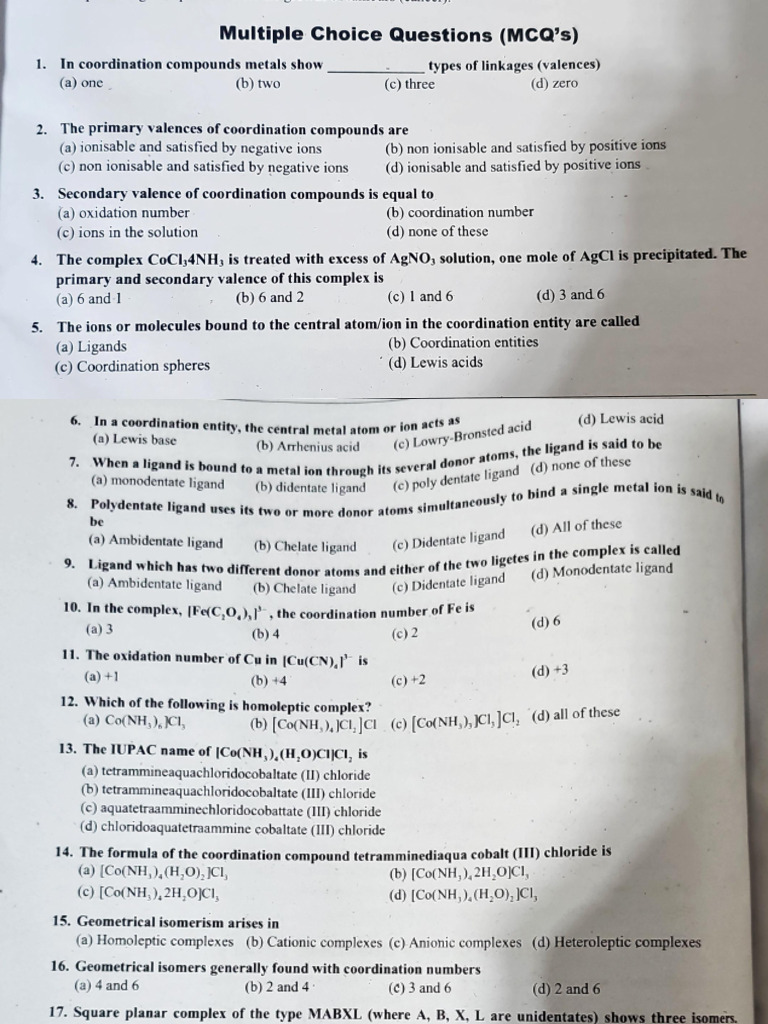 Coordination Compounds MCQ | PDF | Coordination Complex | Ligand