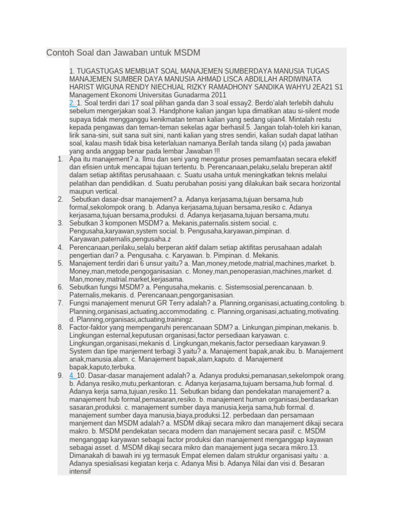 Contoh Soal dan Jawaban untuk MSDM | PDF