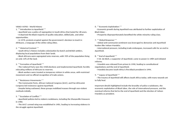 VIDEO NOTES - World History | PDF | Apartheid | Nelson Mandela