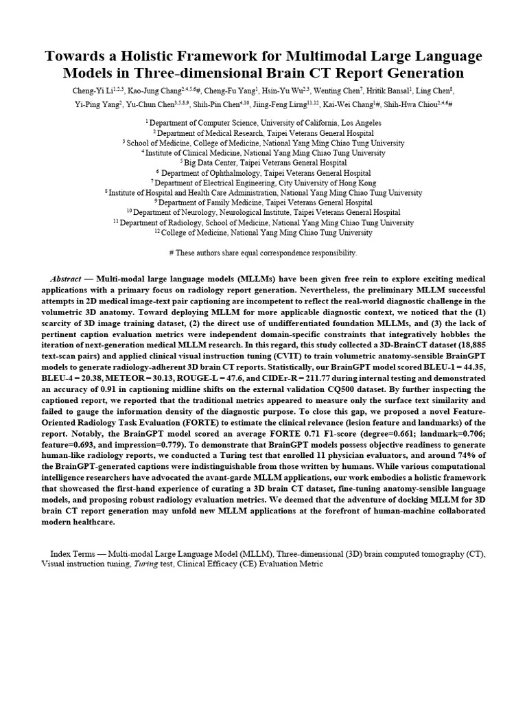 Towards a Holistic Framework for Multimodal Large Language Models in Three-dimensional Brain CT ...