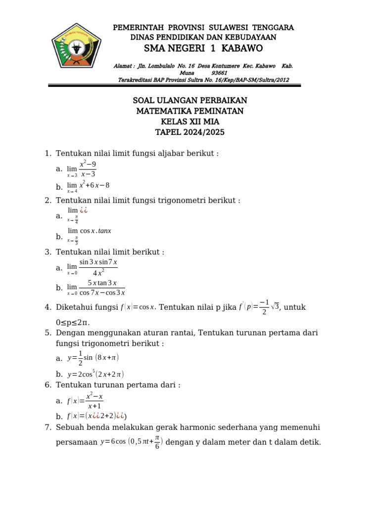 Soal Ulangan MTK P Kelas Xii Semester Ganjil | PDF