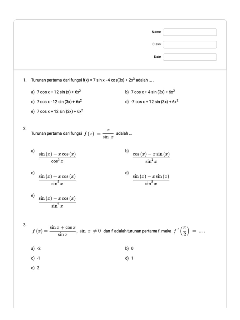Turunan Fungsi Trigonometri XII MIPA - Quizizz - PDF | PDF