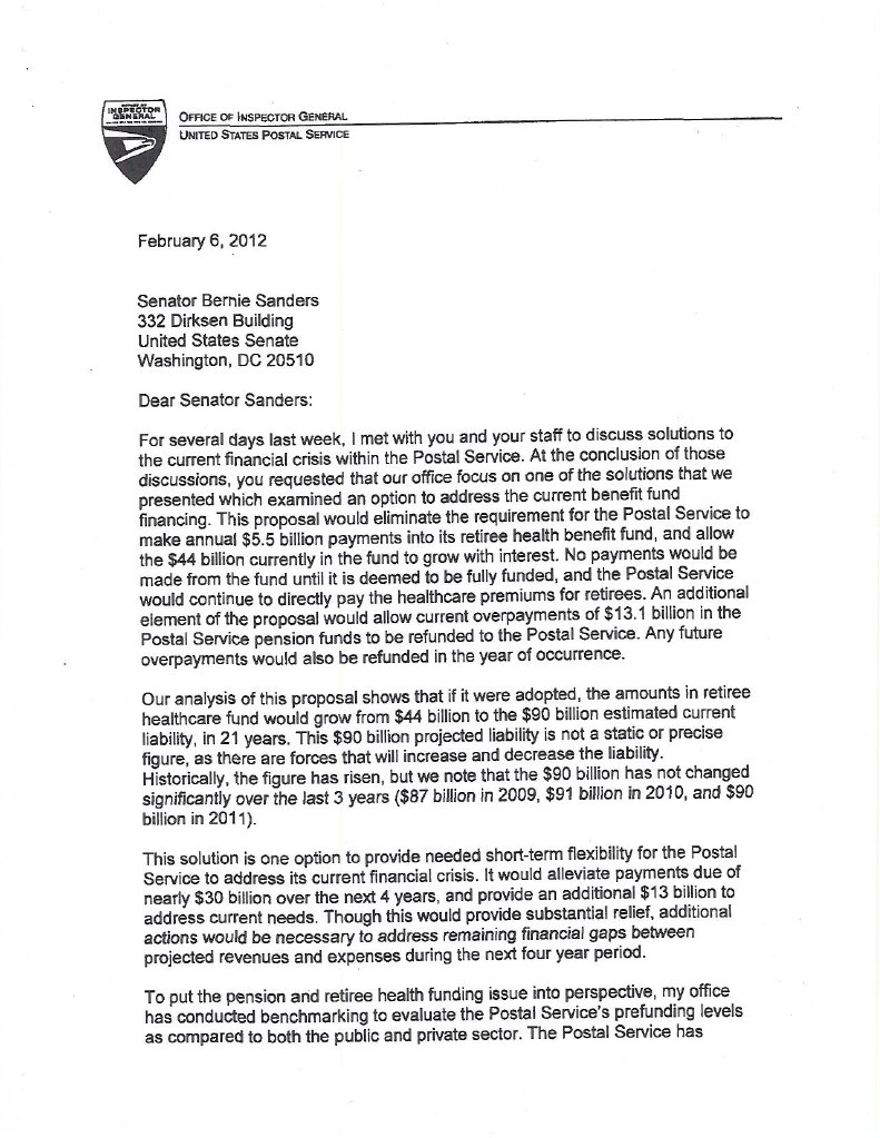 USPS OIG Letter to Senator Sanders