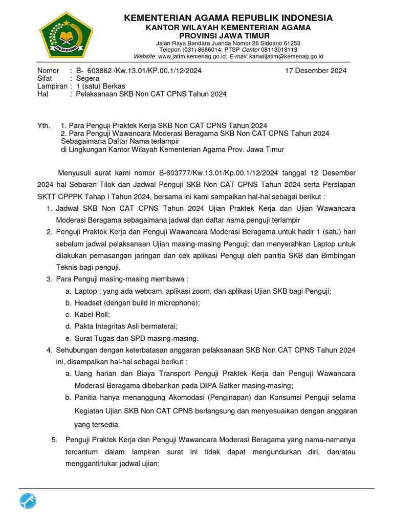 SRT Dns - Pelaksanaan SKB Non CAT CPNS Tahun 2024 | PDF