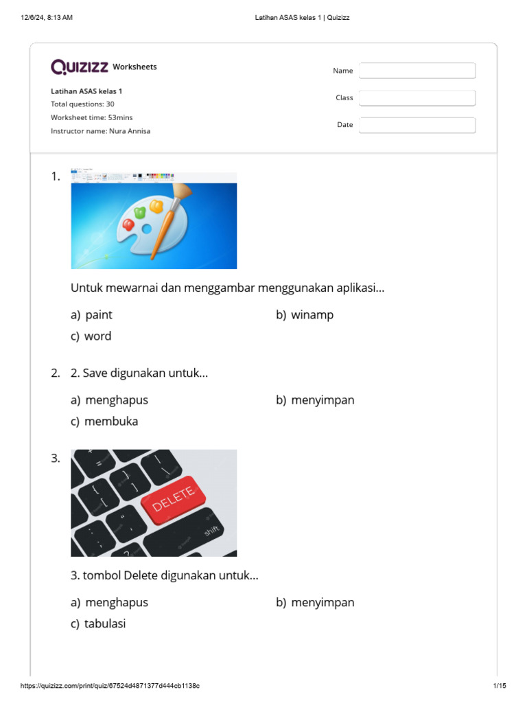 Latihan ASAS Kelas 1 | PDF