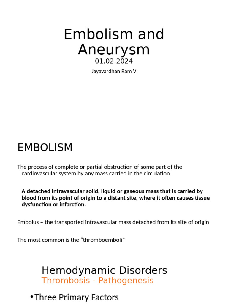 Embolism and Aneurysm | PDF | Embolism | Thrombosis