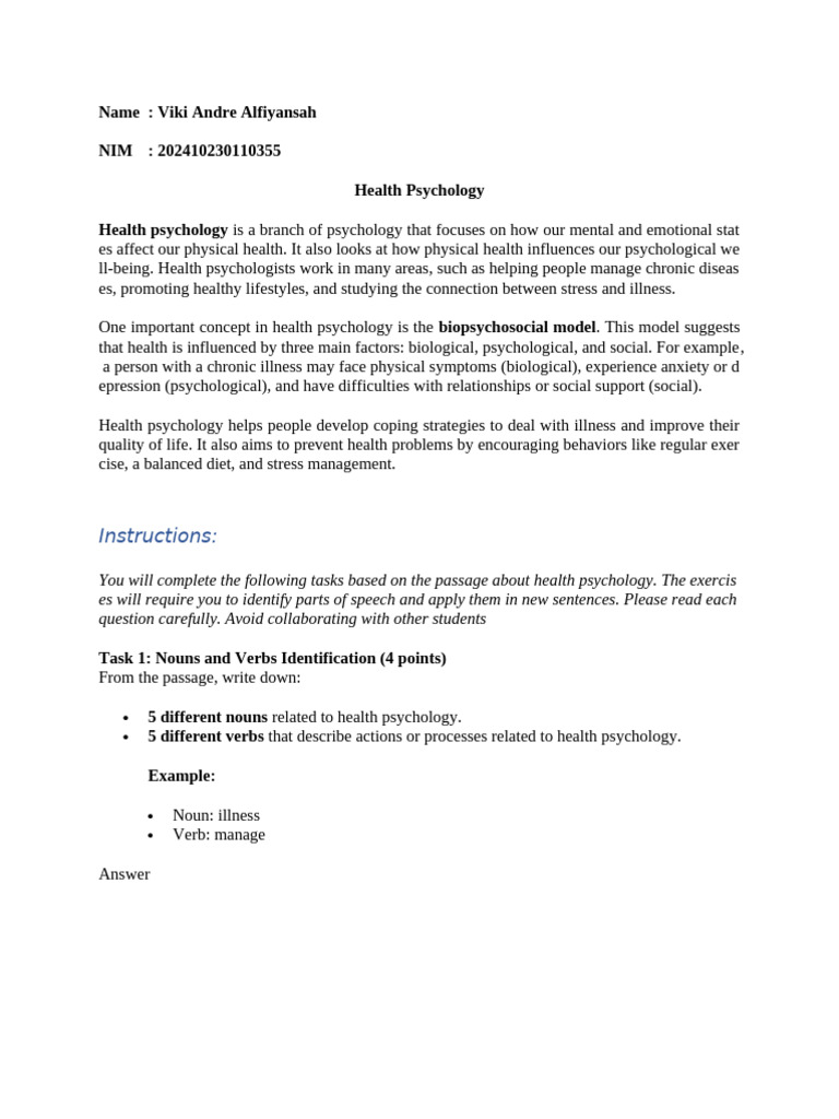 Viki Andre Alfiyansah Exercise Week 2 | PDF | Health Psychology | Psychology