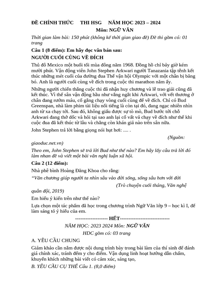 ĐỀ VĂN THI HSG NH 23.24 | PDF