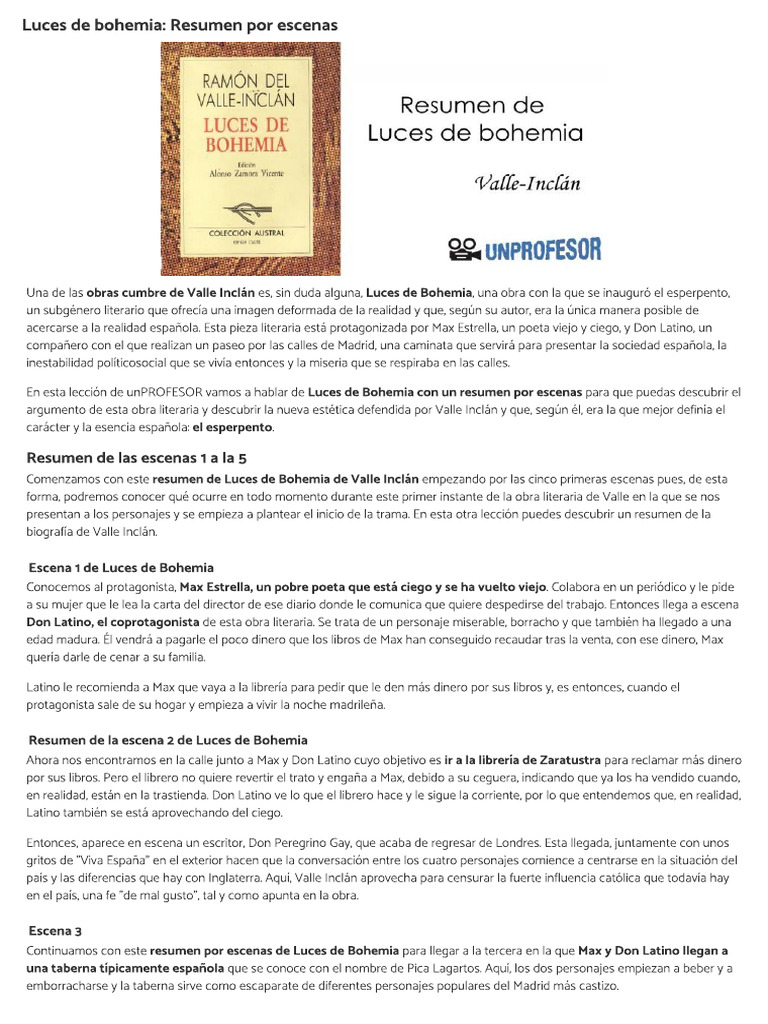 Luces de Bohemia - Resumen Por Escenas | PDF