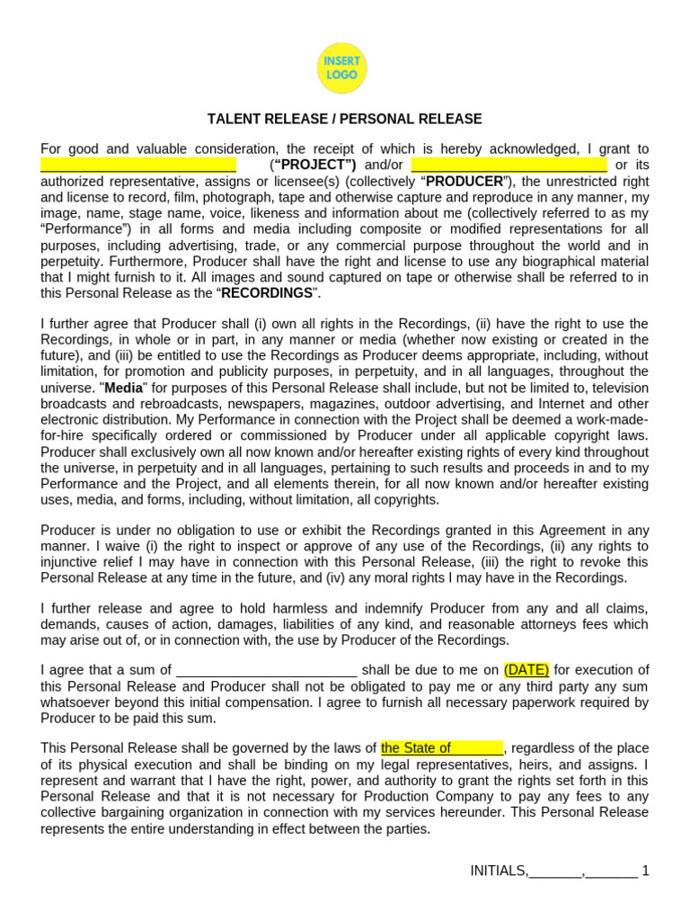 Talent Release: Personal Release (FEE) | PDF | Indemnity | License
