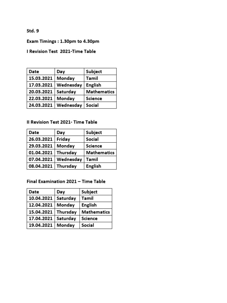 Std. 9 Exam Schedule 2021 | PDF