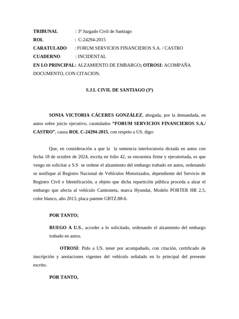 Alzamiento Embargo. C-24294-2015, Forum-Castro | PDF