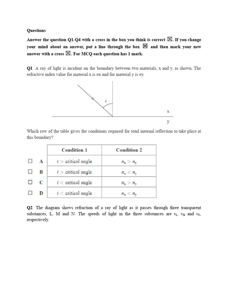 Light Refraction and Reflection Questions | PDF | Photoelectric Effect ...