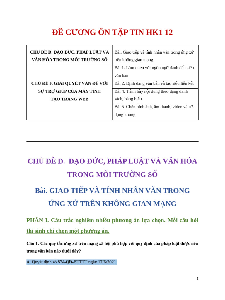 ĐỀ CƯƠNG ÔN TẬP TIN HK1 12 | PDF
