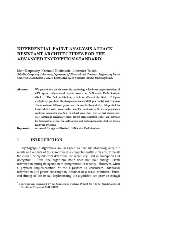 Differential Fault Analysis Attack Resistant Architectures For The Advanced Encryption Standard ...