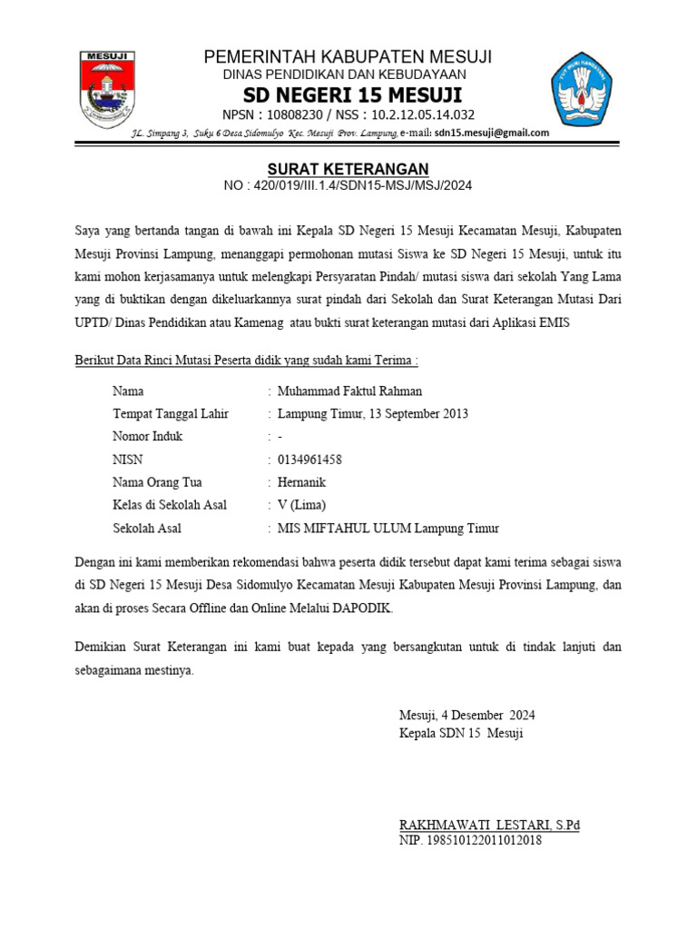 SURAT REKOM MUTASI SISWA 2 | PDF