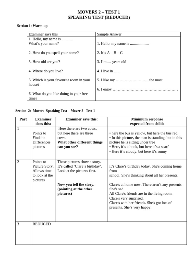 Movers Speaking Test 1 Guide | PDF