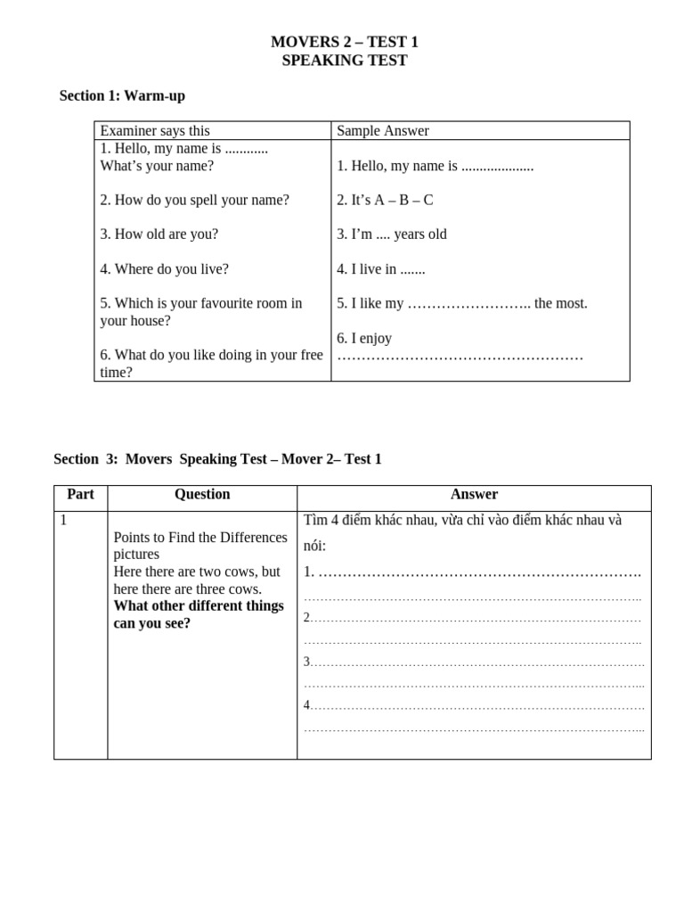 MOVERS 2 - TEST 1 (REDUCED) | PDF