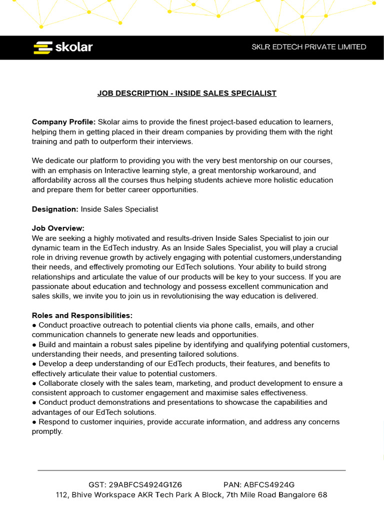 Skolar - Inside Sales Specialist | PDF | Educational Technology | Sales