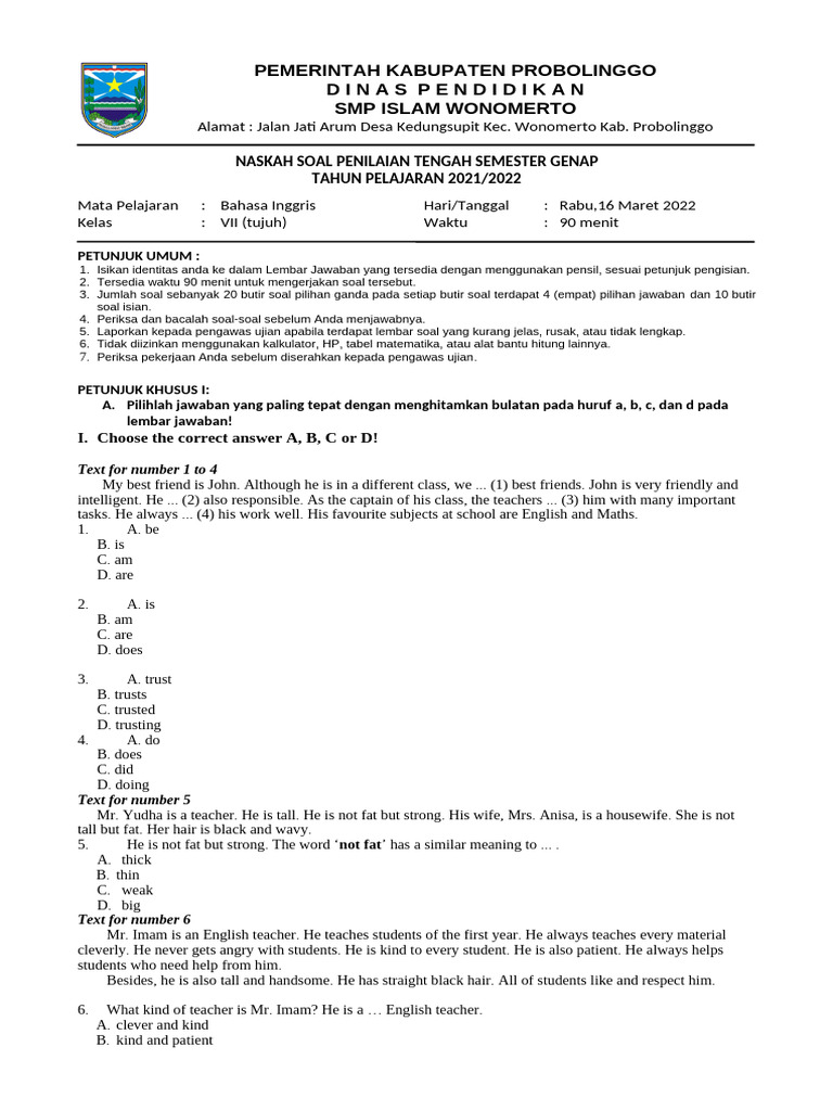 BAHASA INGGRIS VII SOAL PTS GENAP 2021, 2022 | PDF