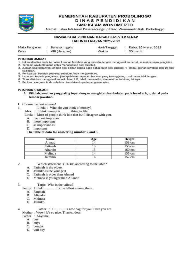 Bahasa Inggris Viii Soal PTS Genap 2021,2022 | PDF | Indonesia