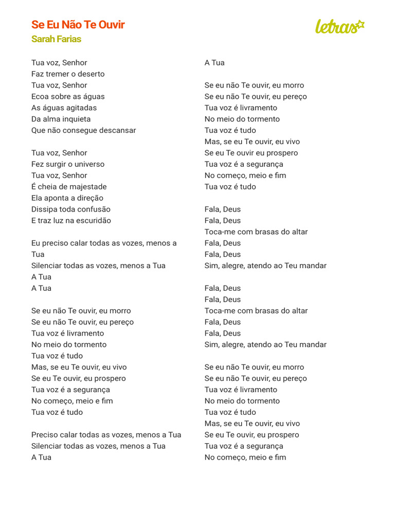 Letra da música "Se Eu Não Te Ouvir" | PDF