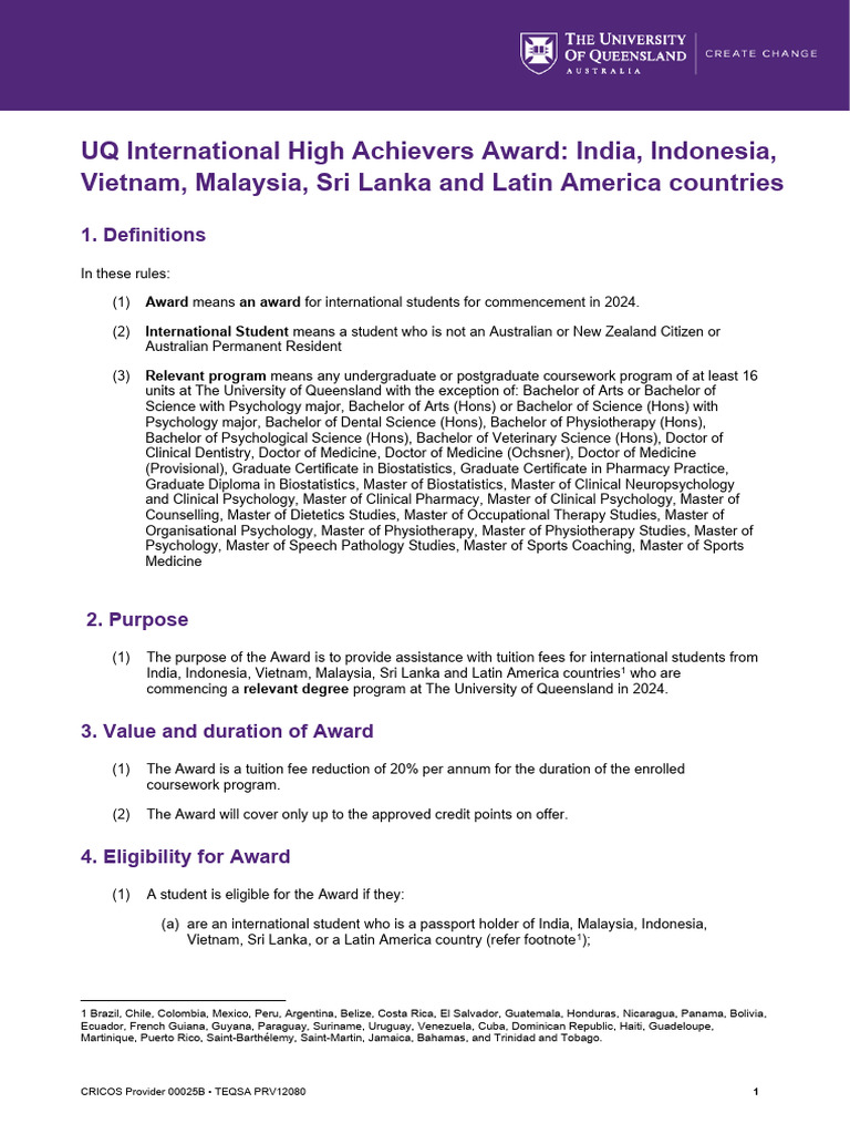 UQ International High Achievers Award TCs 2024 | PDF | Bachelor's ...