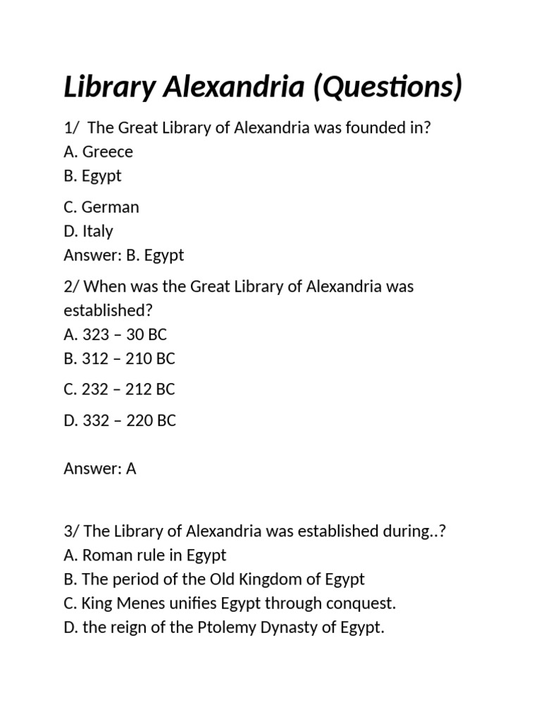 Alexandria Library Quiz | PDF | Ancient Near East | Hellenistic Period