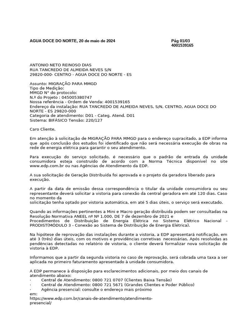 Carta de Obra MMGD - EDP | PDF | Distribuição de energia elétrica ...