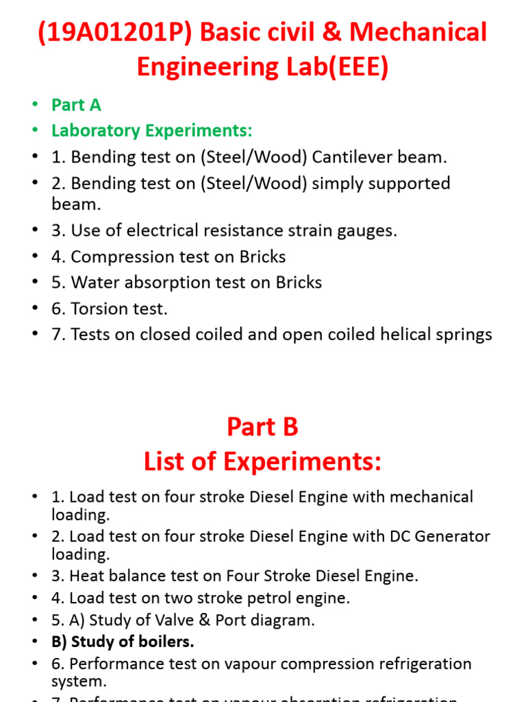 (19A01201P) Basic Civil & Mechanical Engineering Lab (EEE) : Part A Laboratory Experiments | PDF ...