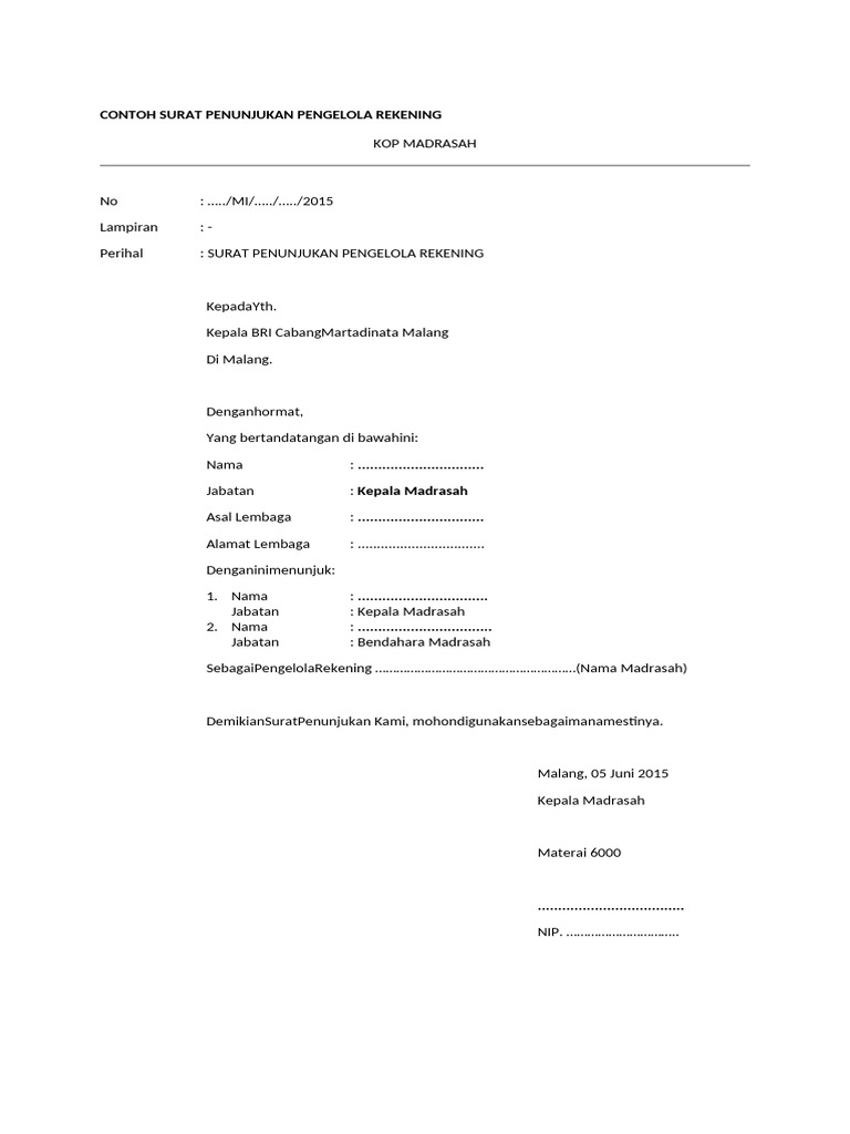 Contoh Surat Penunjukan Pengelola Rek | PDF