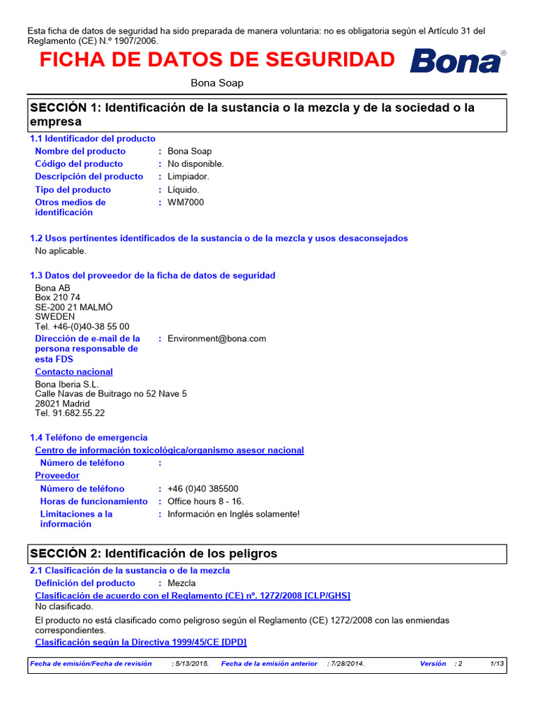 Ficha de Seguridad Bona Soap | PDF | Residuos | Toxicidad