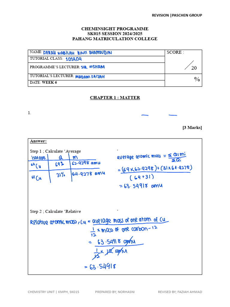Question - Revision - Chapter 1 | PDF | Mole (Unit) | Chemistry