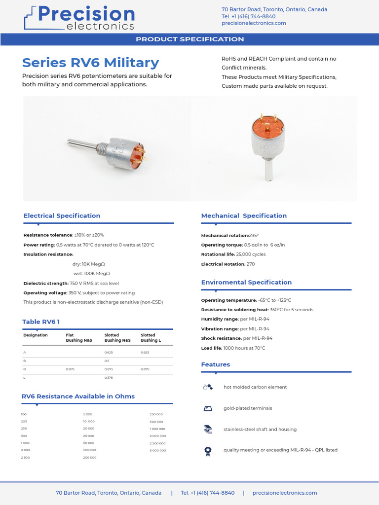 RV6 Military Potentiometer Specs | PDF | Electrical Resistance And ...