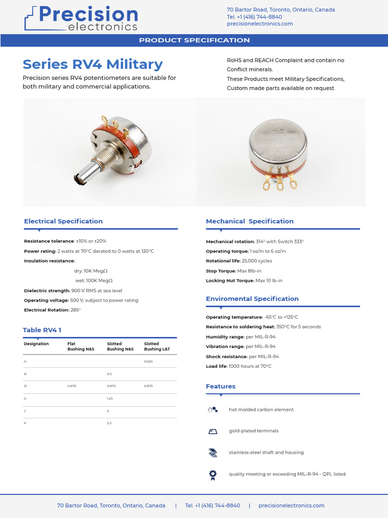 RV4 Military Potentiometer Specs | PDF | Electrical Equipment | Electricity