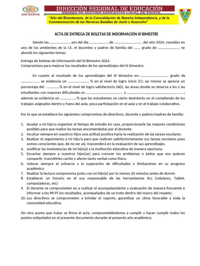 Acta de Entrega de Boletas III Bimestre | PDF