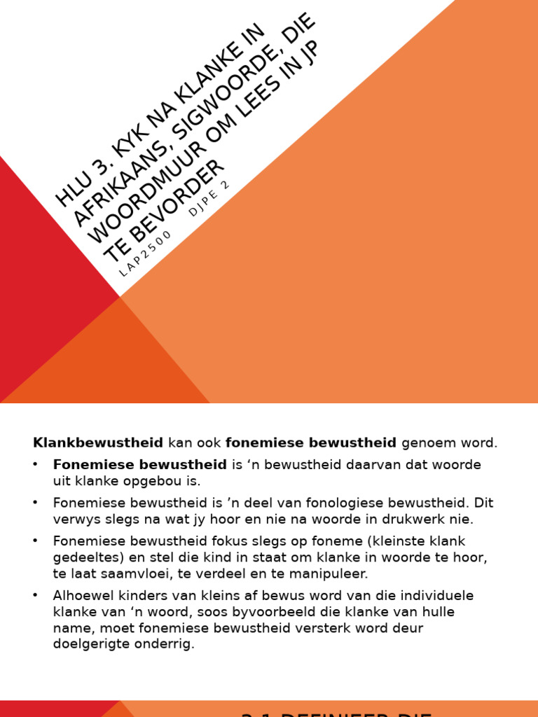 Hersiening LAP2500 Eenheid 3 Fonemiese Bewustheid | PDF