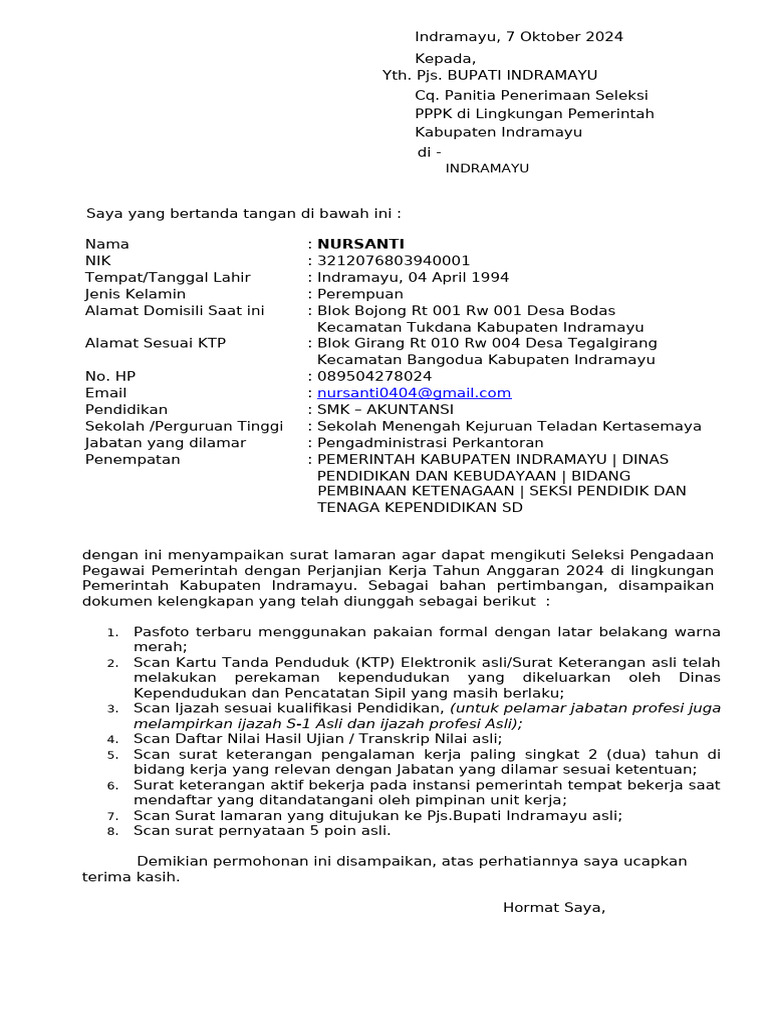 Format Surat Lamaran PPPK 2024 | PDF